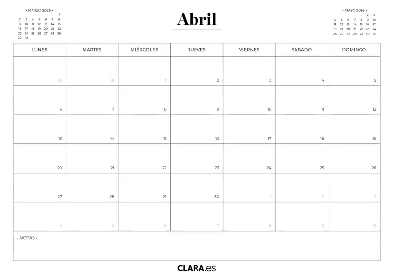 Calendario ABRIL 2026 para imprimir: gratis en jpg y pdf y con diseño ...