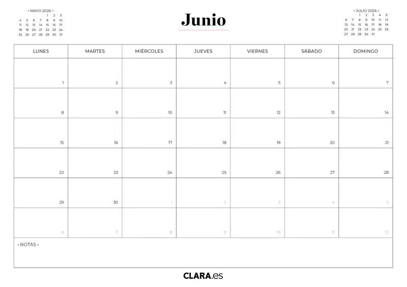 Calendario JUNIO 2026 para imprimir: gratis en jpg y pdf y con diseño ...