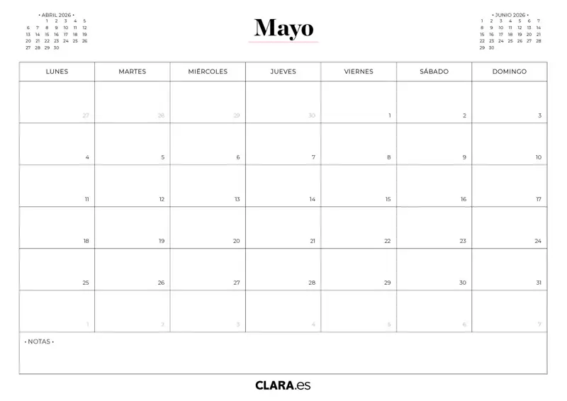 Calendario MAYO 2026 para imprimir: gratis en jpg y pdf y con diseño ...