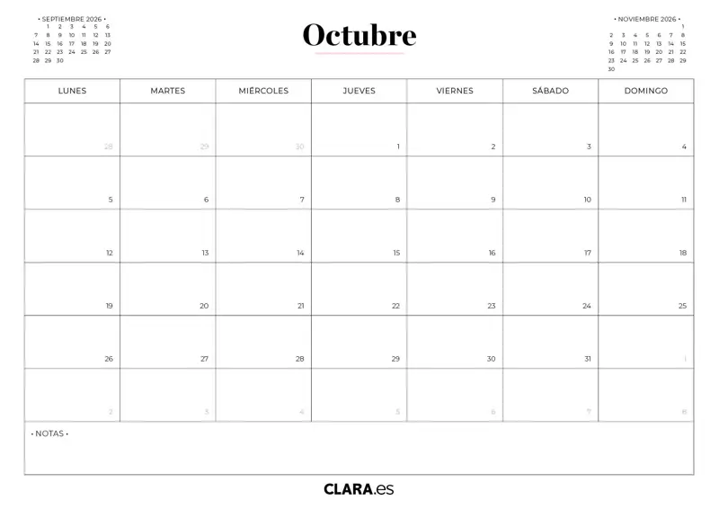 Calendario OCTUBRE 2026 para imprimir: gratis en jpg y pdf y con diseño ...